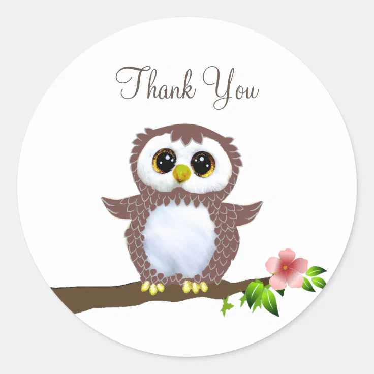 Cute owl thank you classic round sticker | Zazzle
