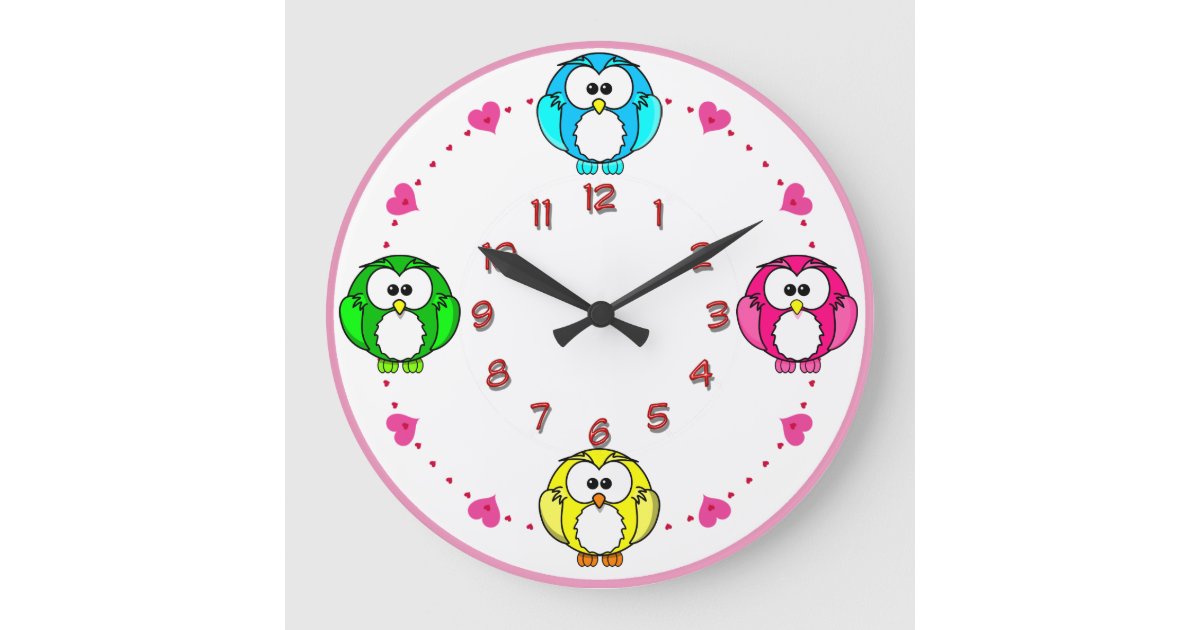 cute owls clock neon blue, pink, green ,yellow | Zazzle