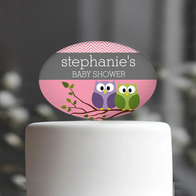 Cute Owls on Branch Baby Girl Shower Pink Cake Topper | Zazzle