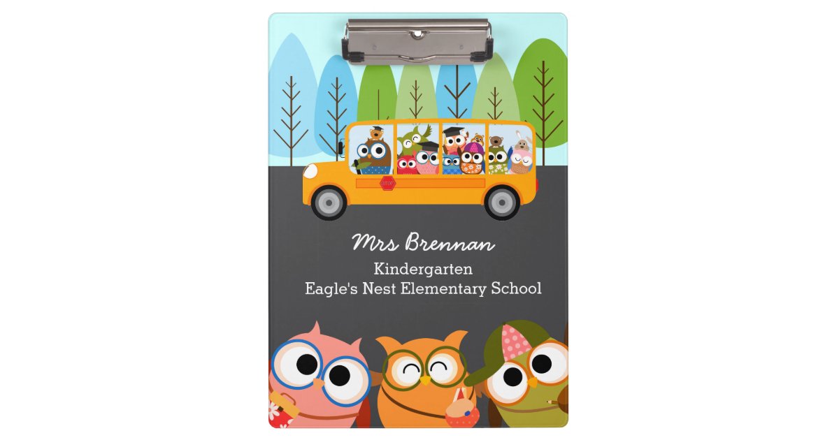 Cute Owls School Bus Personalized Teacher Clipboard | Zazzle