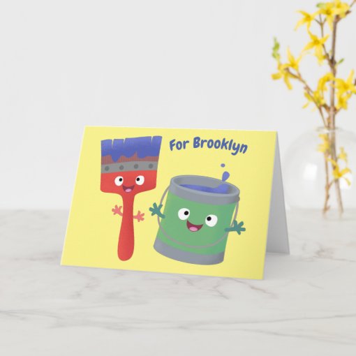 Cute paintbrush and paint cartoon characters card | Zazzle