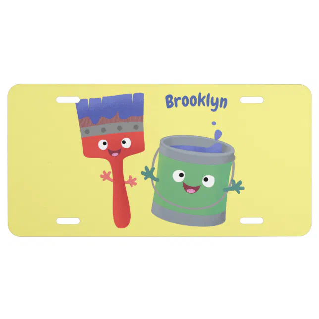 Cute paintbrush and paint cartoon characters license plate | Zazzle