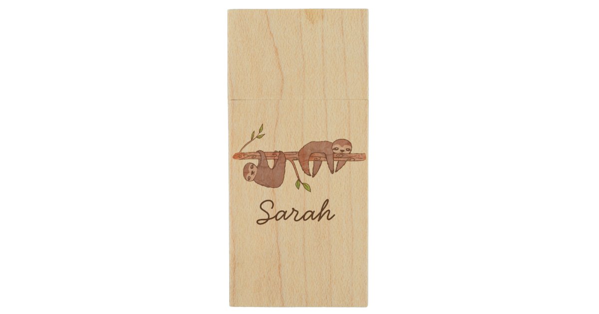 Cute pair of baby sloths on a tree branch wood flash drive | Zazzle