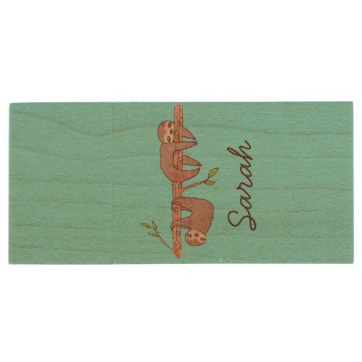 Cute pair of baby sloths on a tree branch wood flash drive | Zazzle