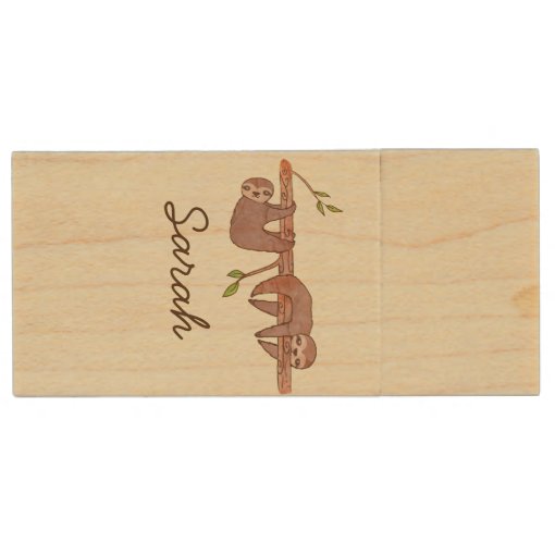 Cute pair of baby sloths on a tree branch wood flash drive | Zazzle