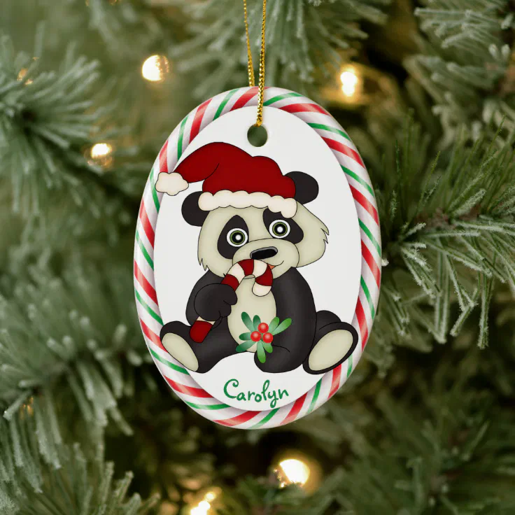 Cute Panda Bear Candy Cane Frame Ceramic Ornament | Zazzle