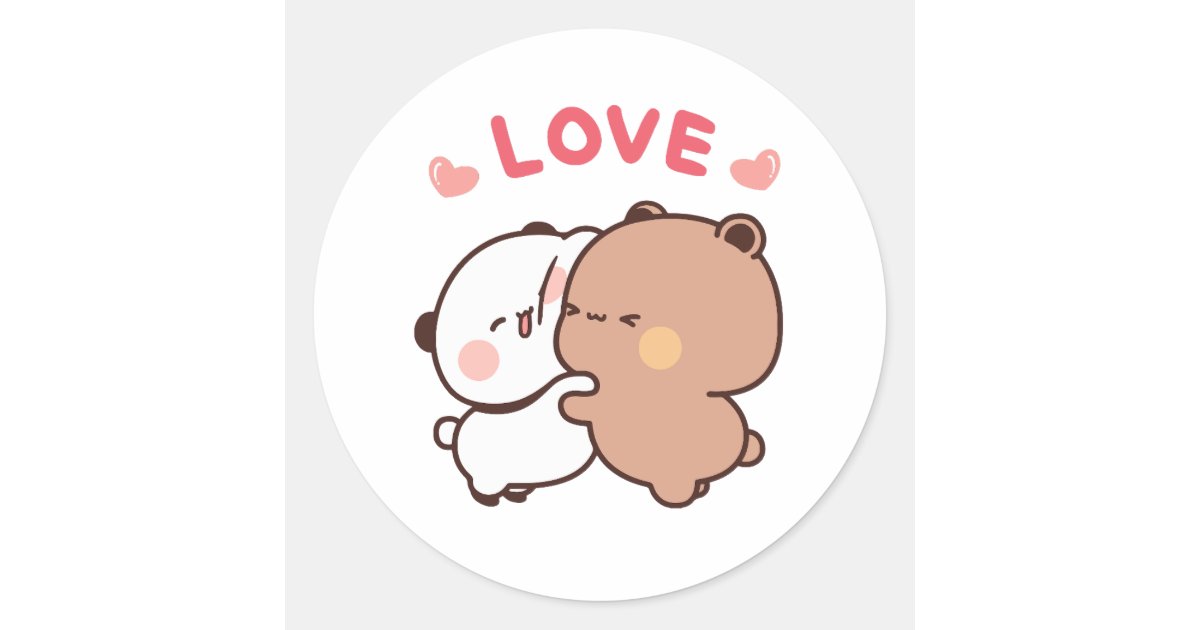 Cute Panda bear couple, bubu and dudu hugs love Classic Round Sticker ...