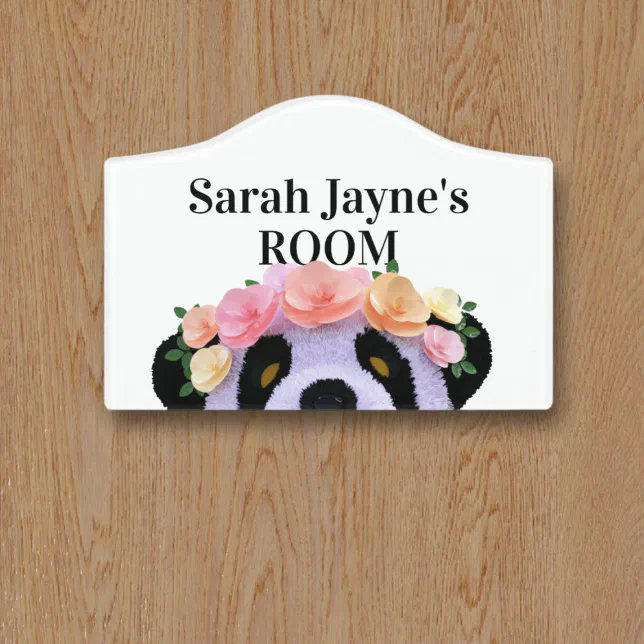 Cute Panda Bear Floral Crown Kid's Door Sign | Zazzle