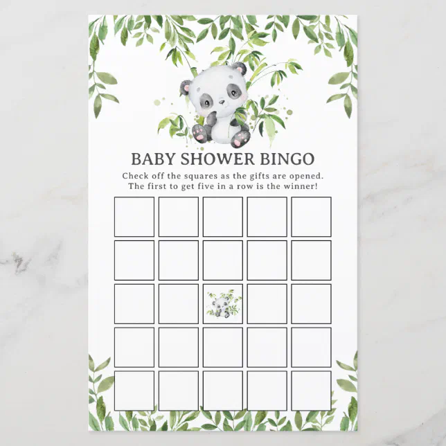 Cute Panda Bear Greenery Baby Shower Bingo Game | Zazzle