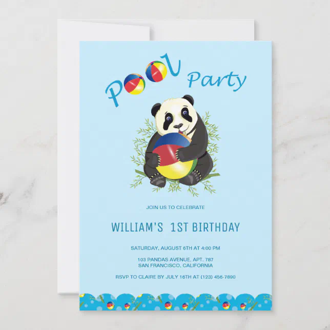 Cute Panda Bear Pool Party 1st Birthday Photo Invi Invitation | Zazzle