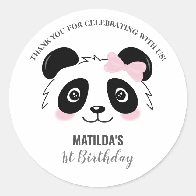 Cute Panda Birthday Party Pink Black and White Classic Round Sticker ...
