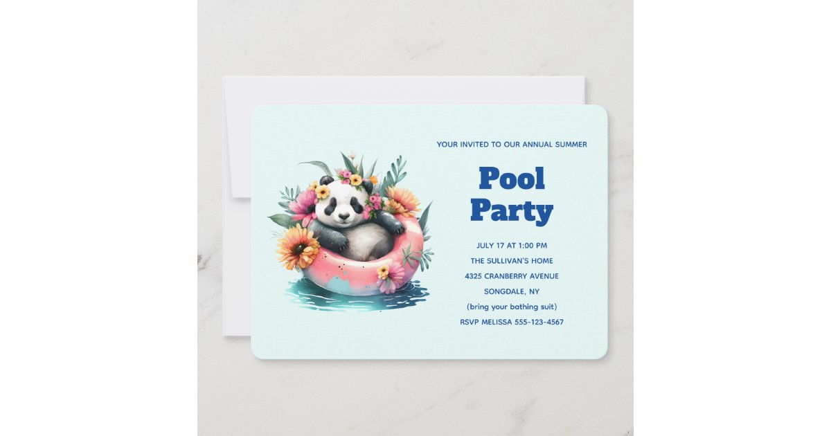 Cute Panda Chilling in an Inner Tube Pool Party Invitation | Zazzle