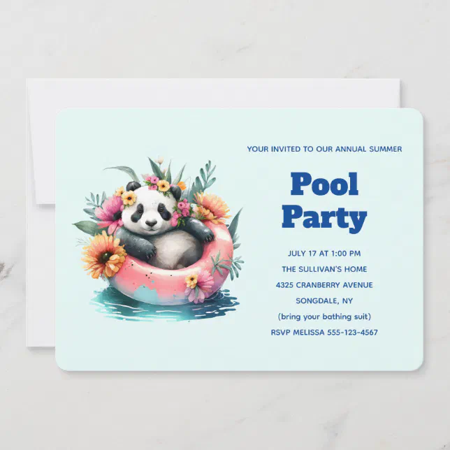 Cute Panda Chilling in an Inner Tube Pool Party Invitation | Zazzle