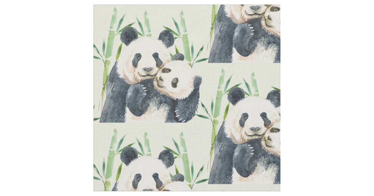 Cute Panda Pair & Bamboo Watercolor Pattern Fabric | Zazzle
