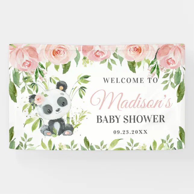 Cute Panda Pink Floral Greenery Bamboo Backdrop Banner | Zazzle