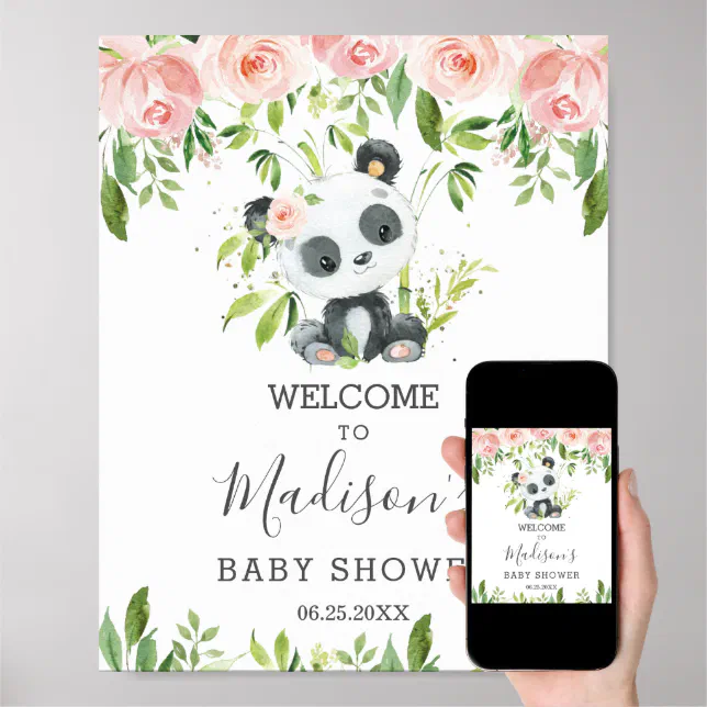 Cute Panda Pink Floral Greenery Bamboo Welcome Poster | Zazzle