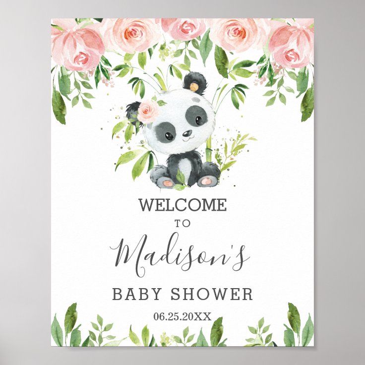 Cute Panda Pink Floral Greenery Bamboo Welcome Poster | Zazzle
