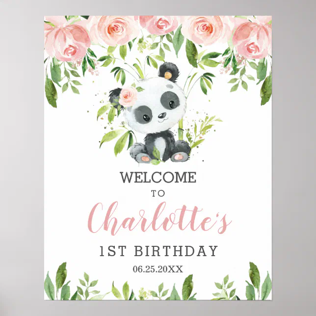 Cute Panda Pink Floral Greenery Birthday Welcome Poster | Zazzle