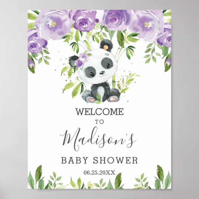 Cute Panda Purple Floral Greenery Bamboo Welcome Poster | Zazzle