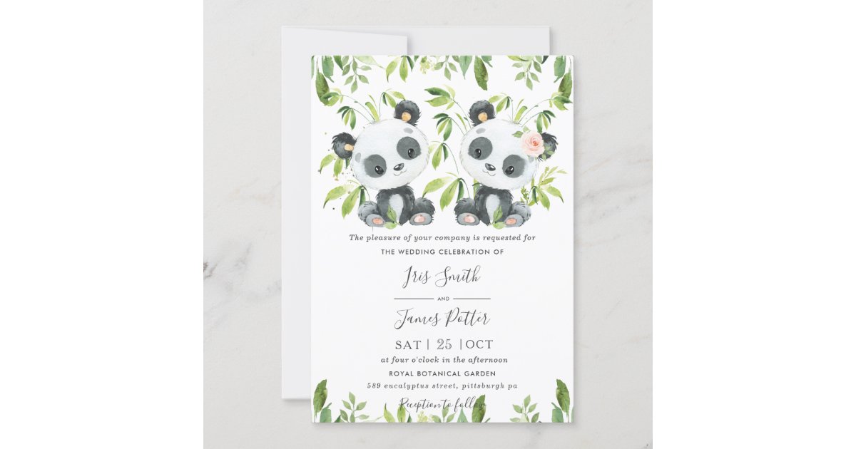 Cute Pandas Green Bamboo Greenery Wedding Invitation | Zazzle