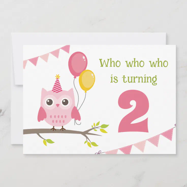 Cute Party Owl Who Is Turning 2 Second Birthday Invitation | Zazzle
