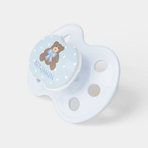 Cute Pastel Blue Ribbon Sweet Teddy Bear Baby Boy Pacifier | Zazzle