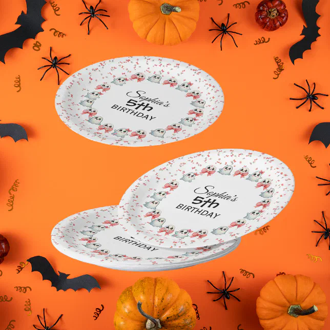 Cute Pastel Ghost Theme Customized Text Birthday Paper Plates | Zazzle