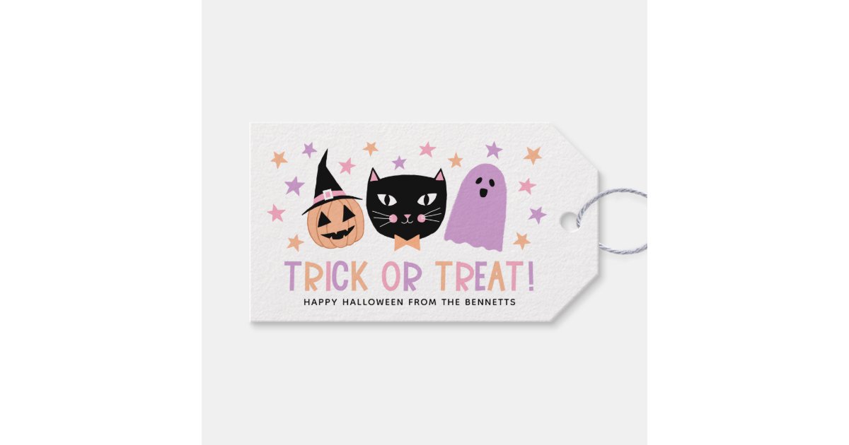 Cute Pastel Halloween Trick or Treat Black Cat Gift Tags | Zazzle