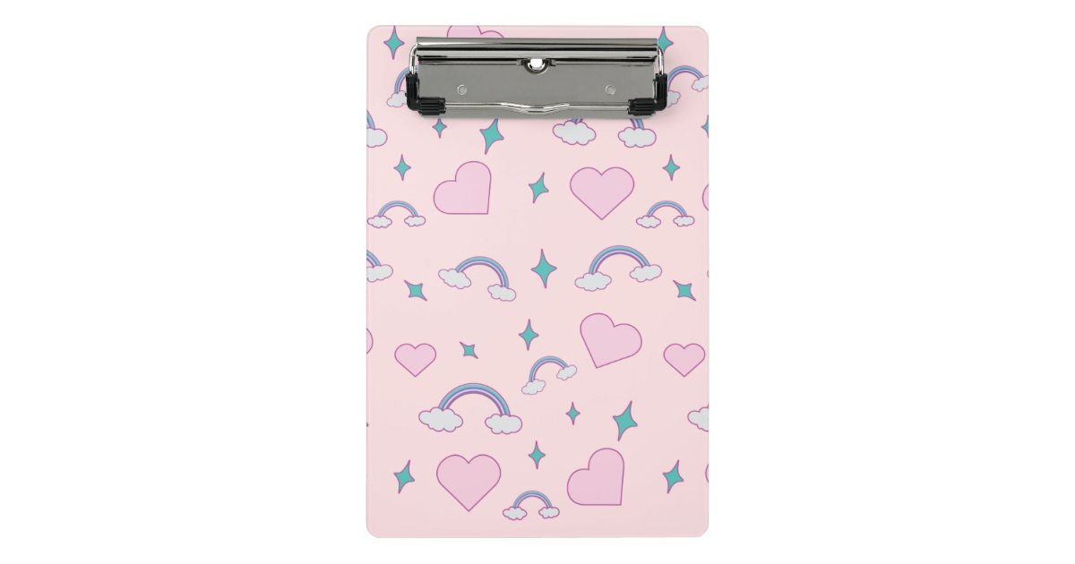 Cute Pastel Hearts & Rainbow Pattern | Kawaii Pink Mini Clipboard | Zazzle