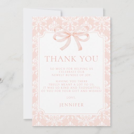 Cute pastel pink bow preppy baby girl shower thank you card | Zazzle