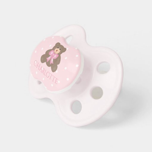 Cute Pastel Pink Ribbon Sweet Teddy Bear Baby Girl Pacifier | Zazzle