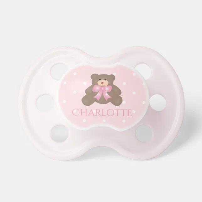 Cute Pastel Pink Ribbon Sweet Teddy Bear Baby Girl Pacifier | Zazzle