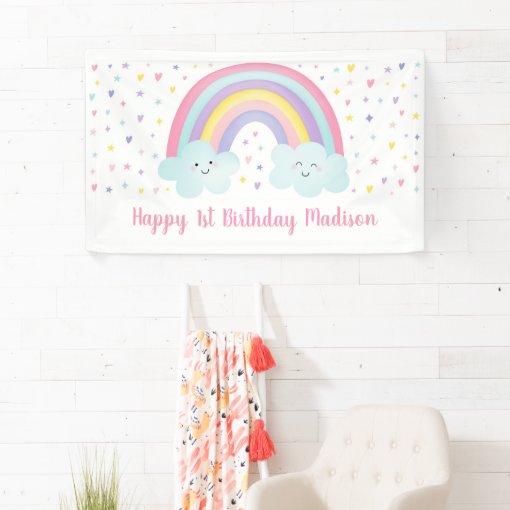 Cute Pastel Rainbow Clouds First Birthday Banner | Zazzle