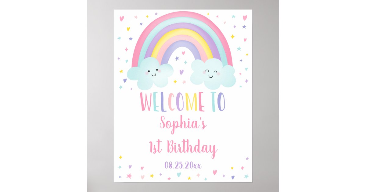 Cute Pastel Rainbow Clouds Girl Birthday Welcome Poster | Zazzle