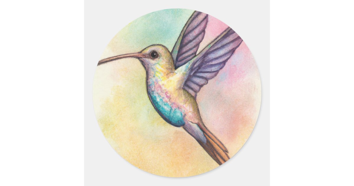 Cute pastel shades hummingbird in flight classic round sticker | Zazzle