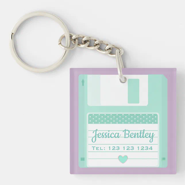 Cute Pastel Teal Retro Floppy Disk Custom Keychain | Zazzle