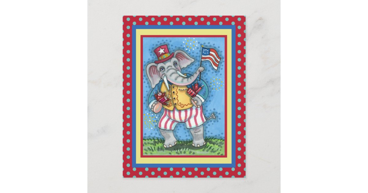 CUTE PATRIOTIC ELEPHANT WAVING AMERICAN FLAG POSTCARD | Zazzle