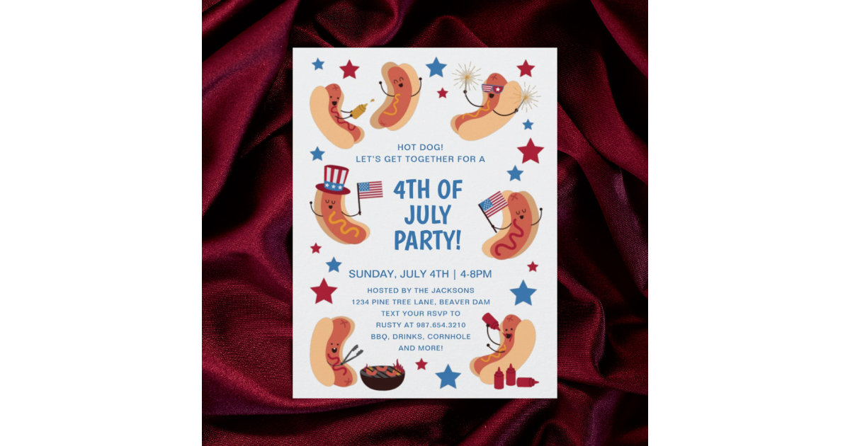 Cute Patriotic Hot Dog 4th of July Invitation | Zazzle
