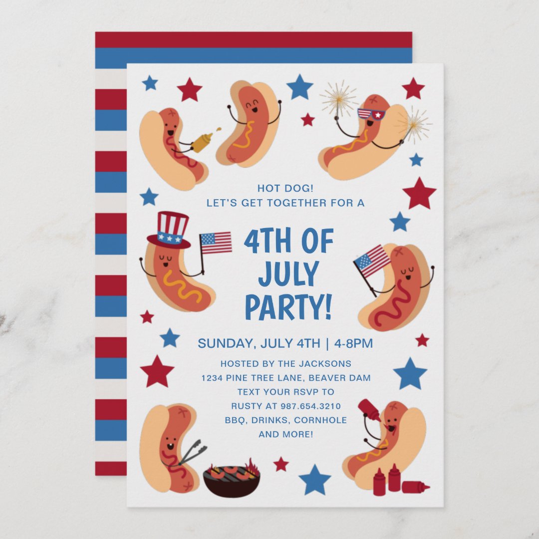 Cute Patriotic Hot Dog 4th of July Invitation | Zazzle