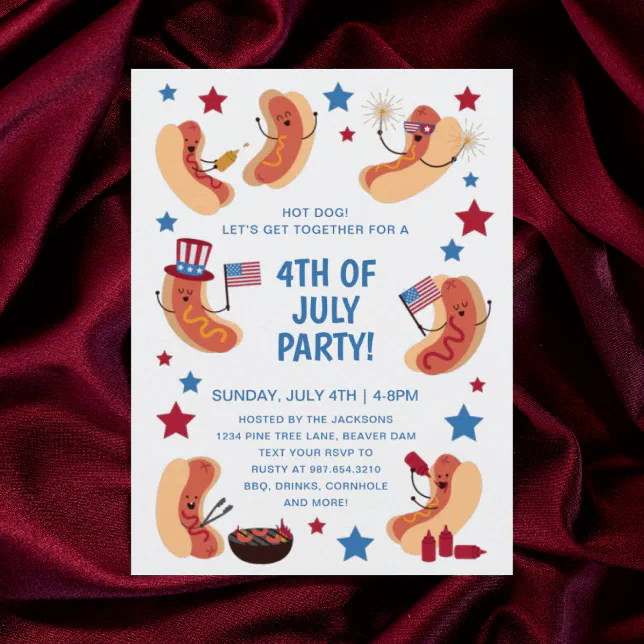 Cute Patriotic Hot Dog 4th of July Invitation Postcard | Zazzle