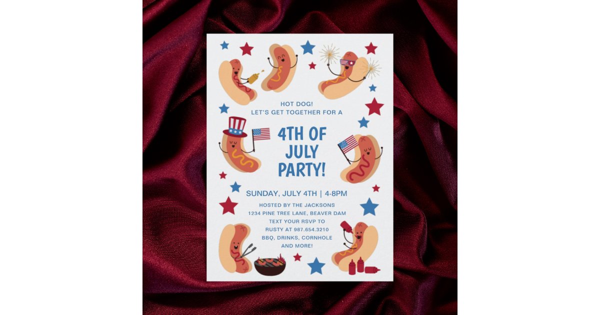 Cute Patriotic Hot Dog 4th of July Invitation Postcard | Zazzle