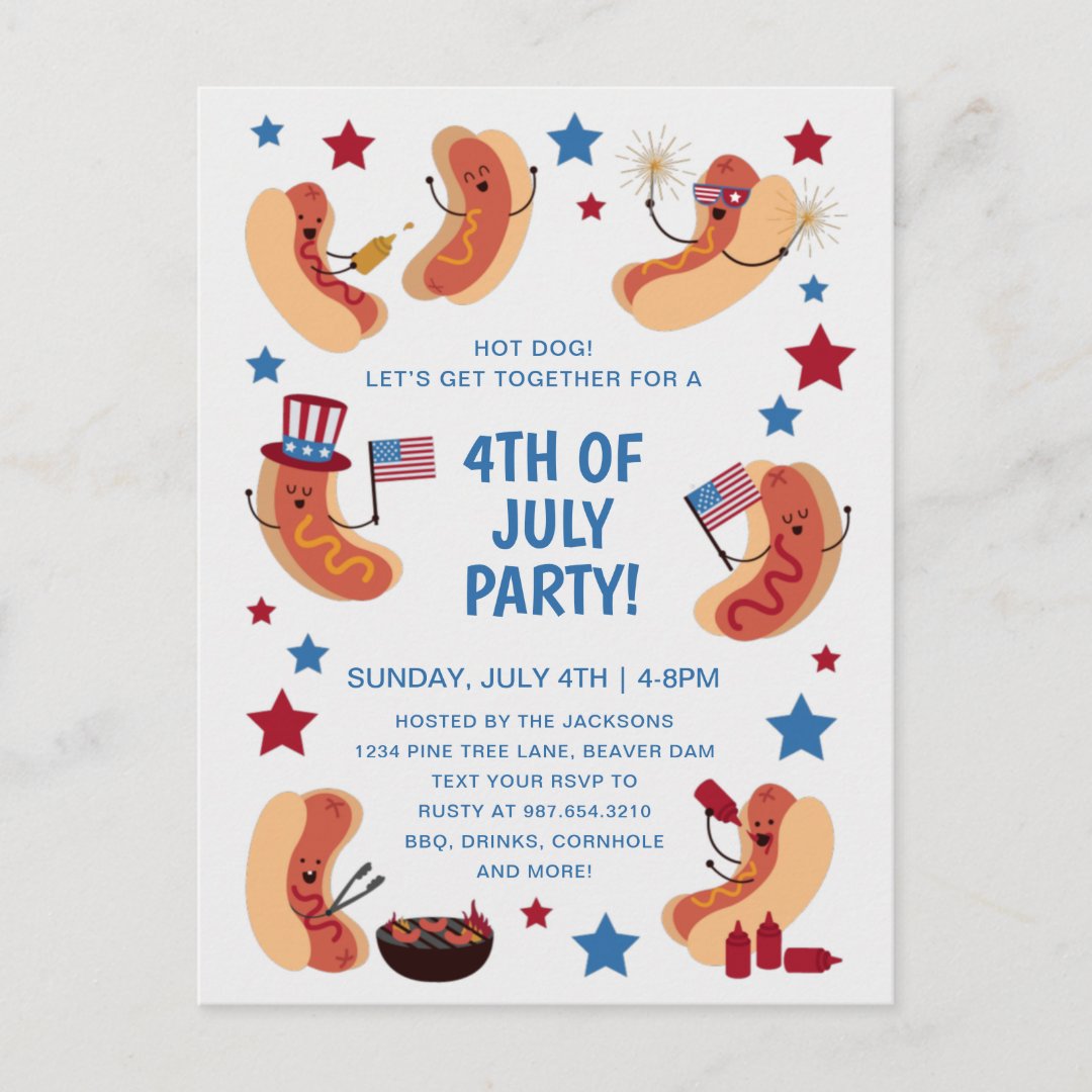 Cute Patriotic Hot Dog 4th of July Invitation Postcard | Zazzle