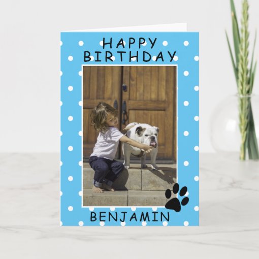 Cute Paw Print Blue Happy Birthday Photo Card | Zazzle