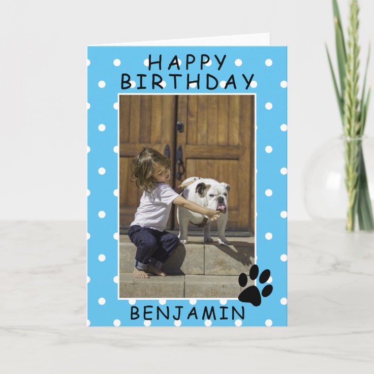 Cute Paw Print Blue Happy Birthday Photo Card | Zazzle