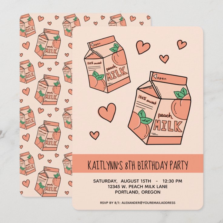 Cute Peach Milk Birthday Party Invitation | Zazzle