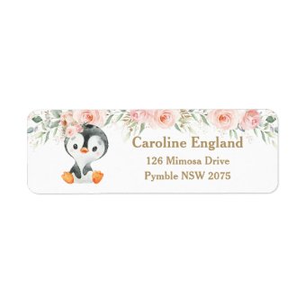 Cute Penguin Blush Floral Return Address Label | Zazzle