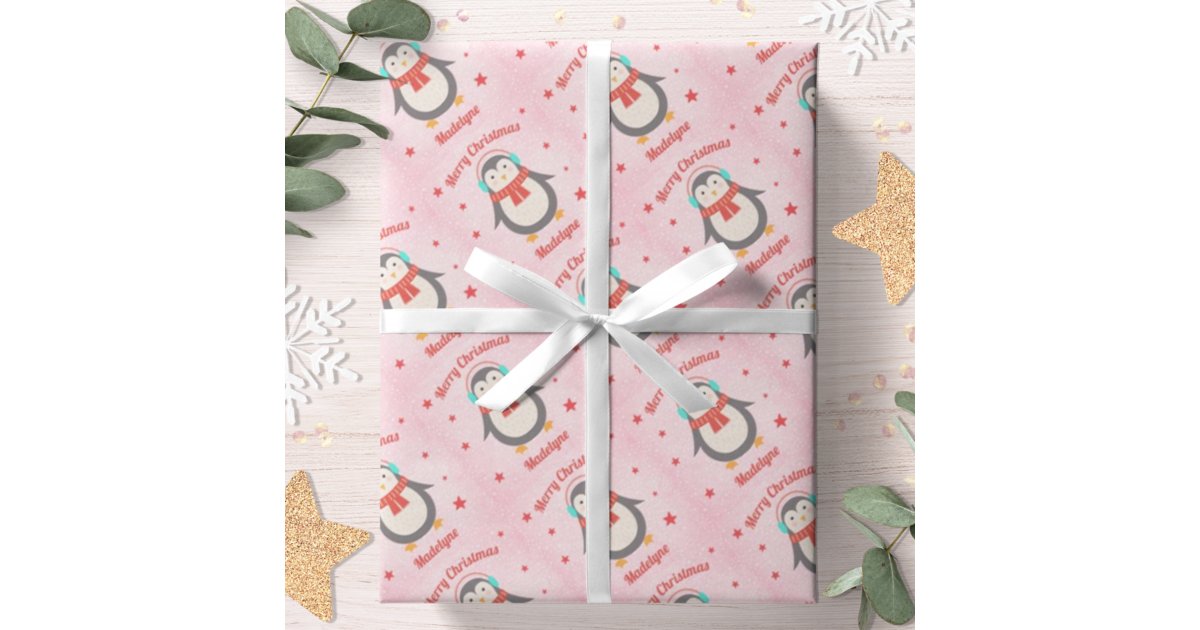 Cute Penguin Christmas Pink Snow Personalized Wrapping Paper | Zazzle