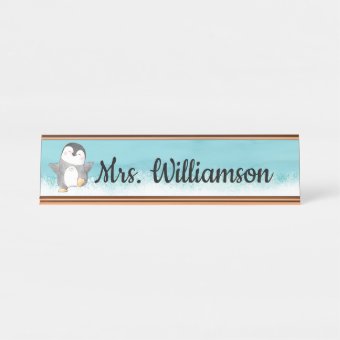 Cute Penguin Classroom Teacher Monogram Desk Name Plate | Zazzle