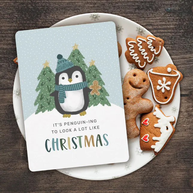 Cute Penguin Funny Penguin-ing Christmas Holiday Card | Zazzle