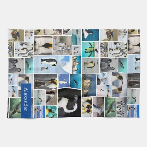 Cute Penguin Photo Collage Pattern with First Name Kitchen Towel | Zazzle